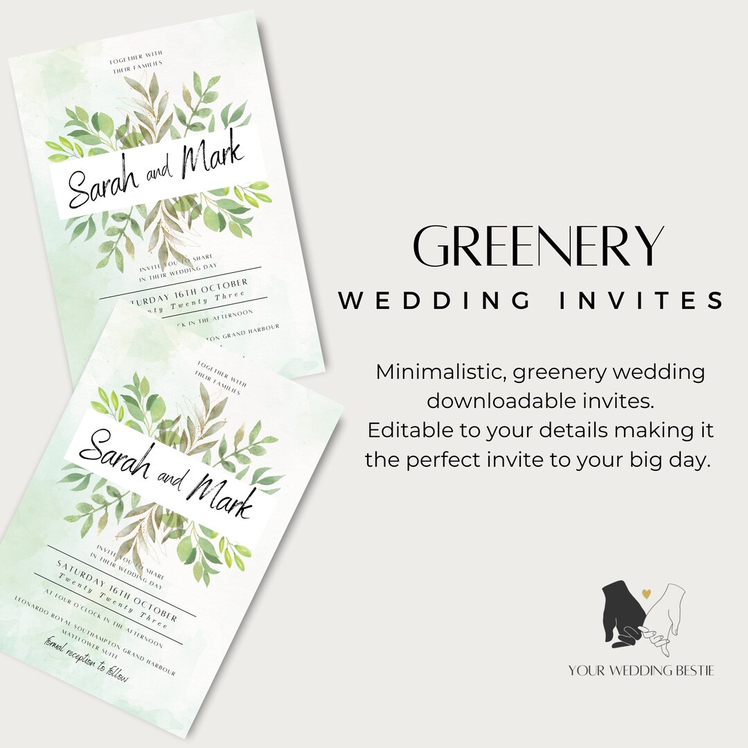 Minimal Greenery Wedding Invitation Template, Boho Watercolor ...