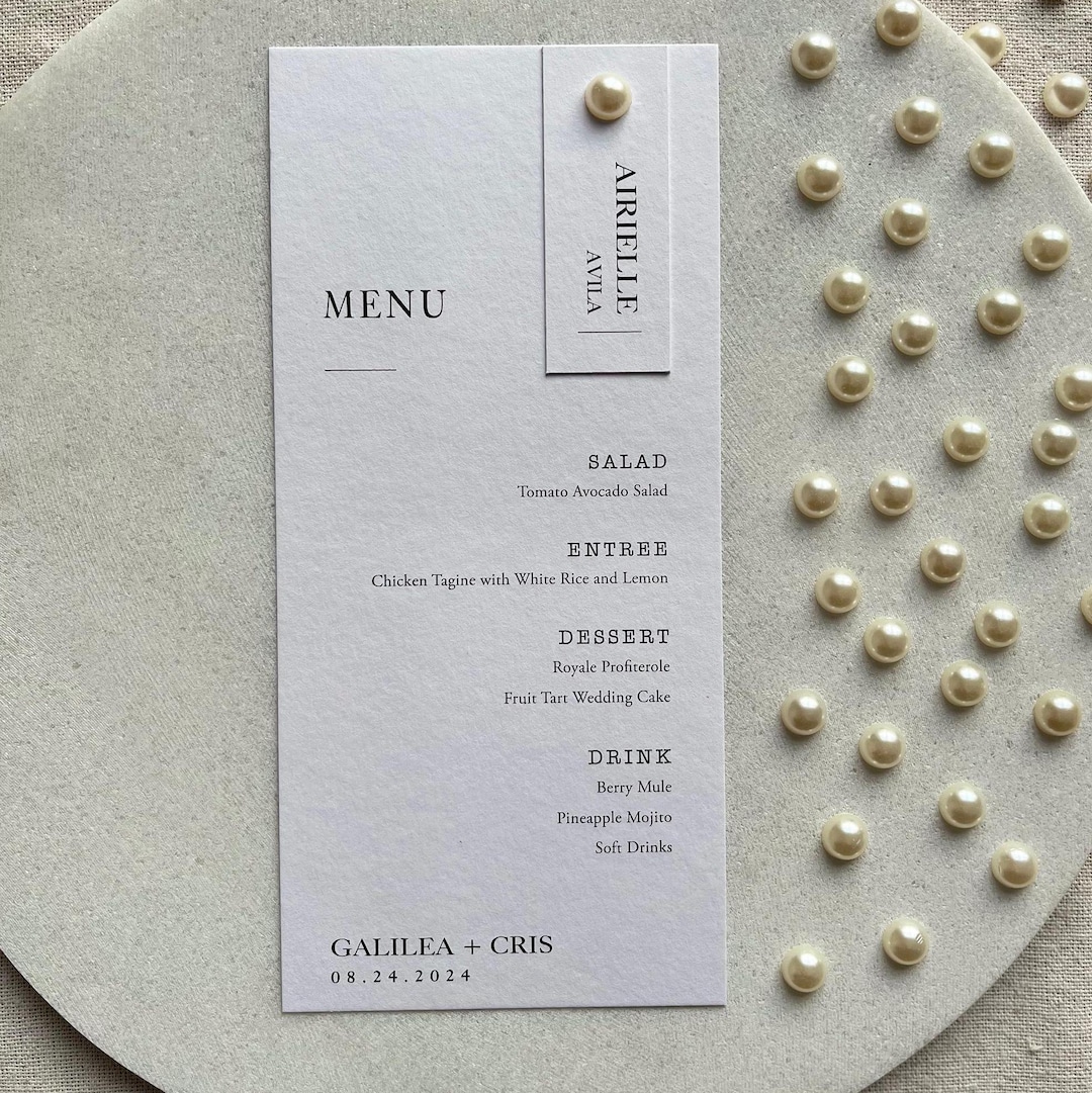 PRINTED Wedding Menu Name Place Card, Minimalist Wedding Menu, Classic ...