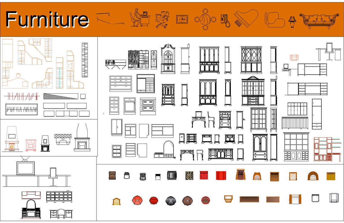 Autocad 2D DWG DXF PDF Furniture File, Ready Block for Autocad, 2D ...