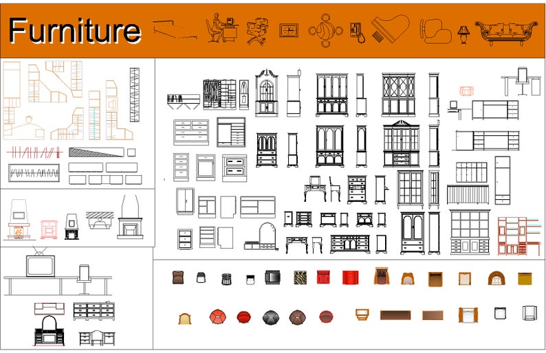 Autocad 2D DWG DXF PDF Furniture File, Ready Block for Autocad, 2D ...