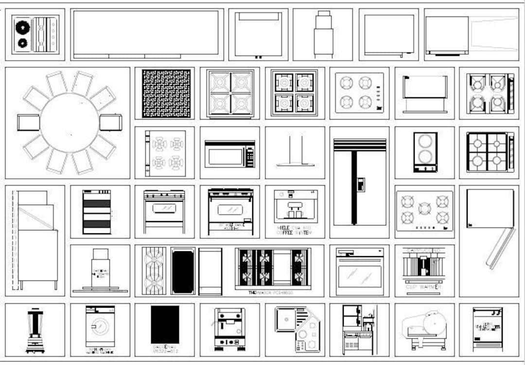 2D Drawing of Kitchen Cabinets, Kitchenware and White Goods, 257 Pieces ...