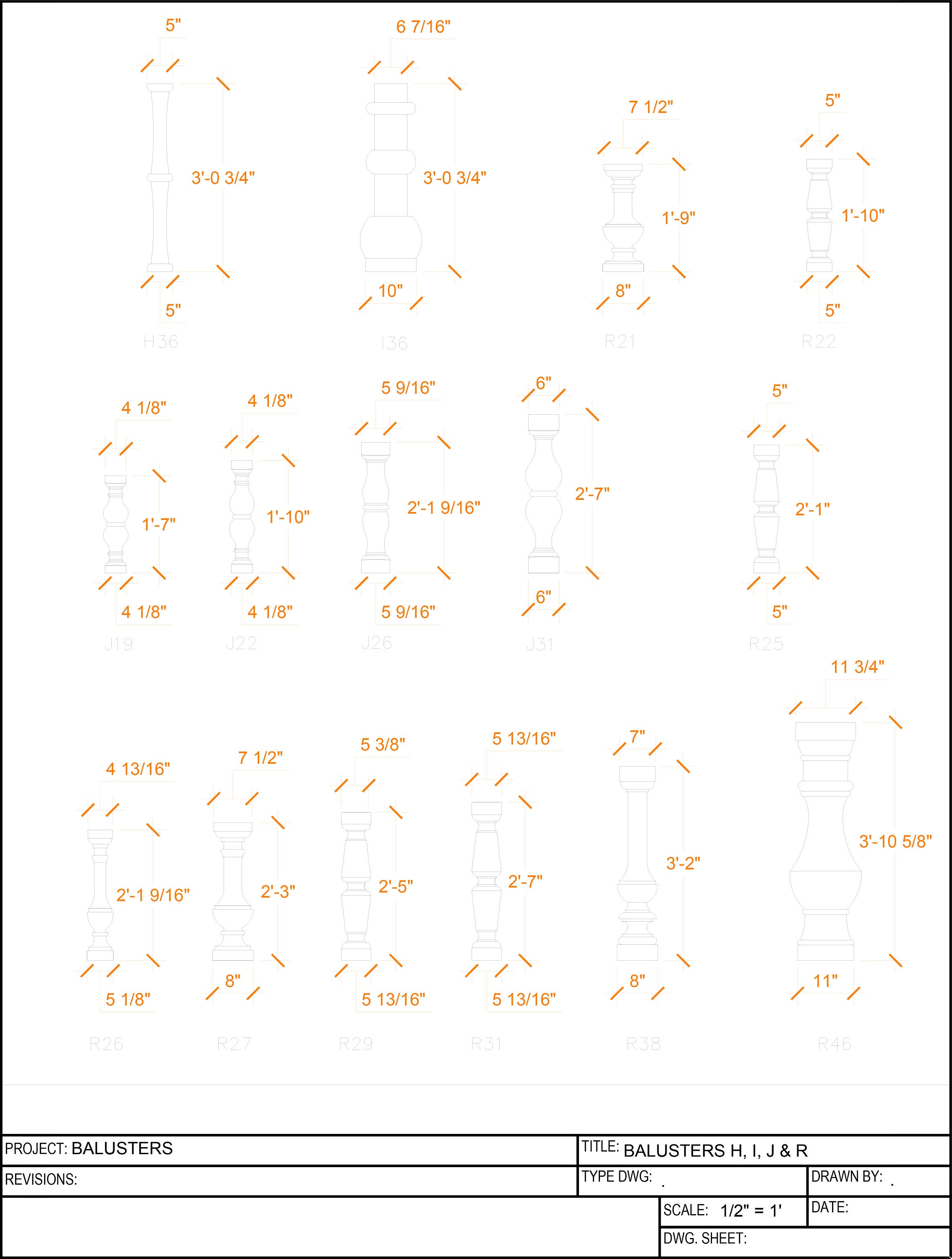 Standard Balusters Elevation Blocks DWG, PDF, Rfa,ready Block for ...