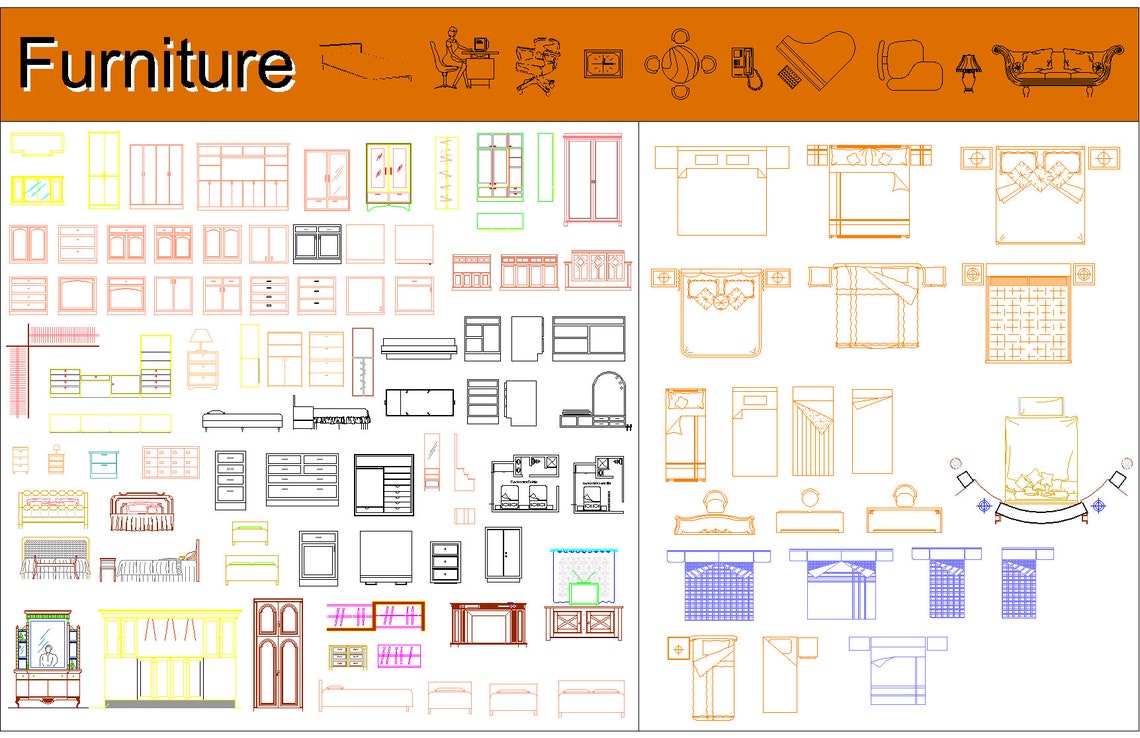 Autocad 2D DWG DXF PDF Furniture File, Ready Block for Autocad, 2D ...