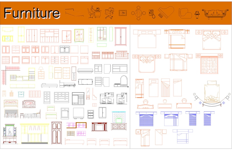 Autocad 2D DWG DXF PDF Furniture File, Ready Block for Autocad, 2D ...