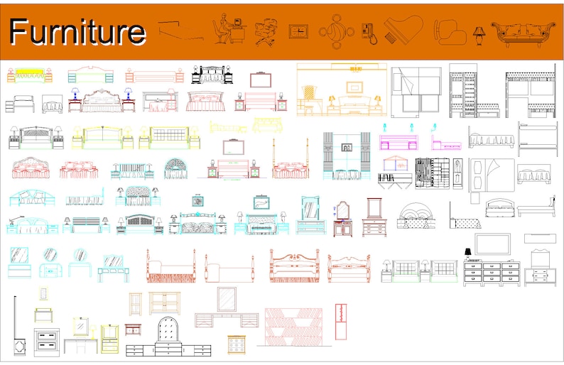 Autocad 2D DWG DXF PDF Furniture File, Ready Block for Autocad, 2D ...
