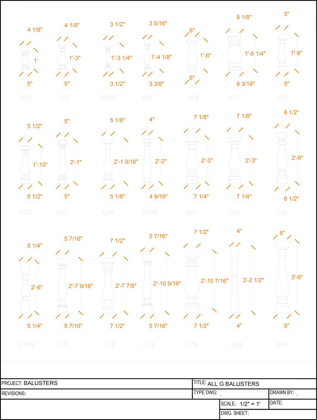Standard Balusters Elevation Blocks [DWG, PDF, Rfa],ready Block for ...