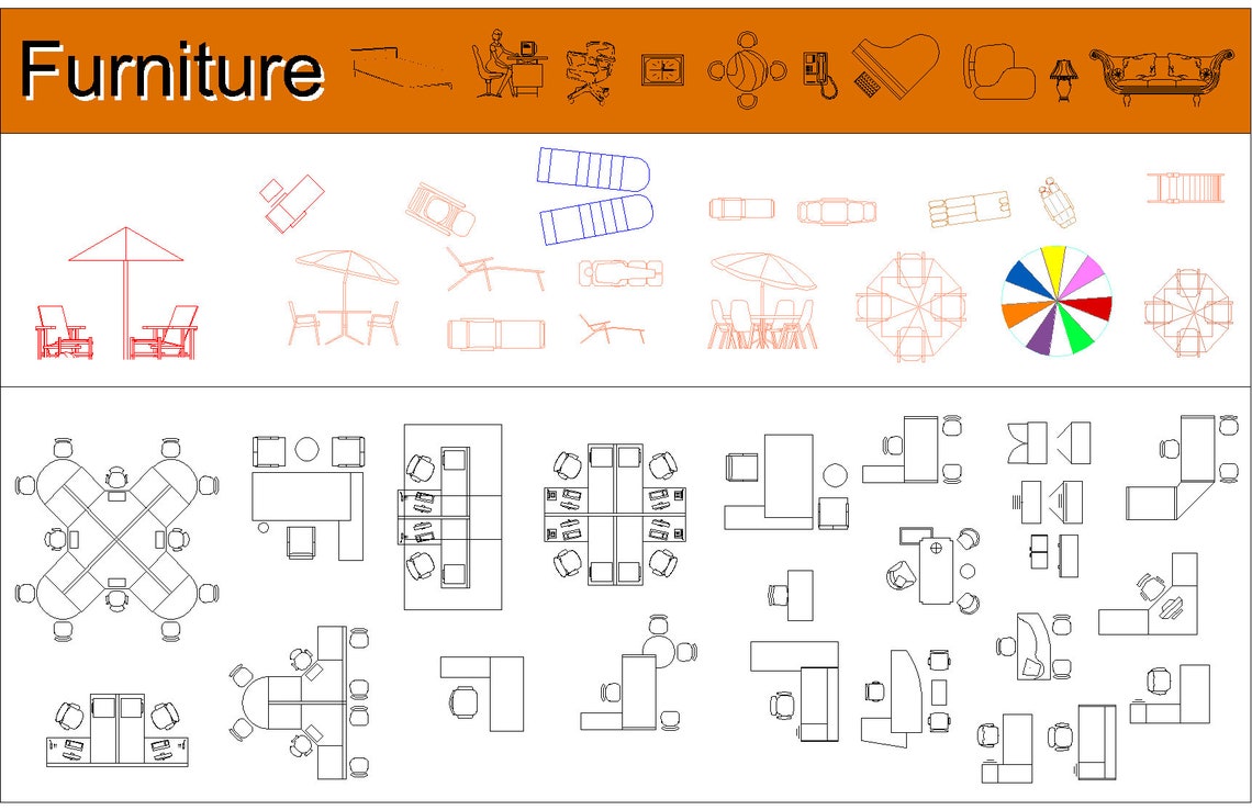 Autocad 2D DWG DXF PDF Furniture File, Ready Block for Autocad, 2D ...