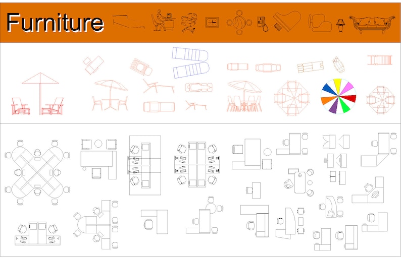 Autocad 2D DWG DXF PDF Furniture File, Ready Block for Autocad, 2D ...