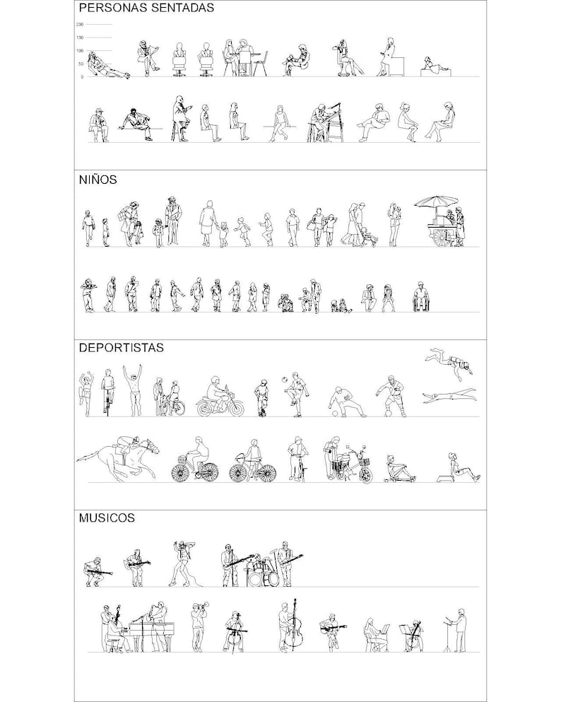 Autocad 2D DWG DXF PDF Blocks of Human Figures in Different Positions ...