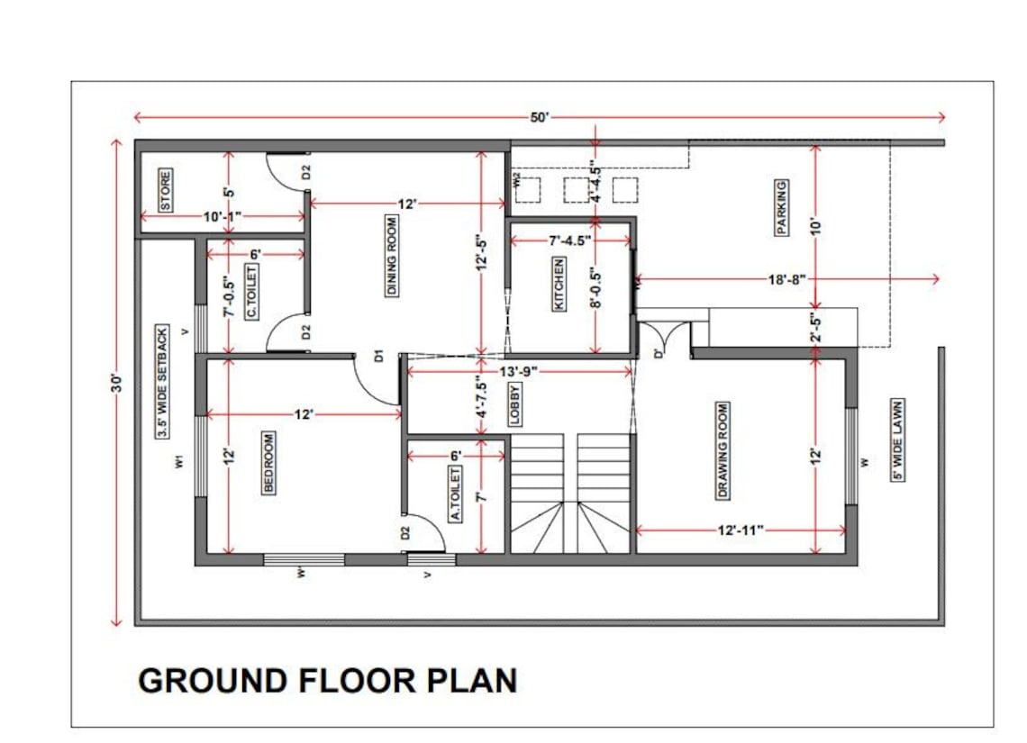 30'X50' Duplex Floor Plan, Tiny House Plans, Architectural Floor Plan ...