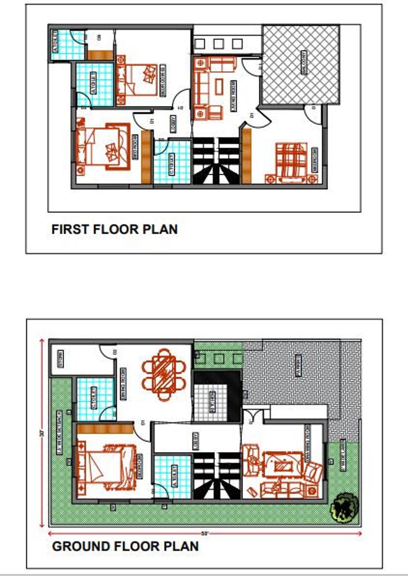 30'X50' Duplex Floor Plan, Tiny House Plans, Architectural Floor Plan ...