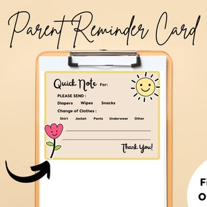 Parent Reminder Card, Daycare Parent Reminder Card, Daycare Quick Note ...