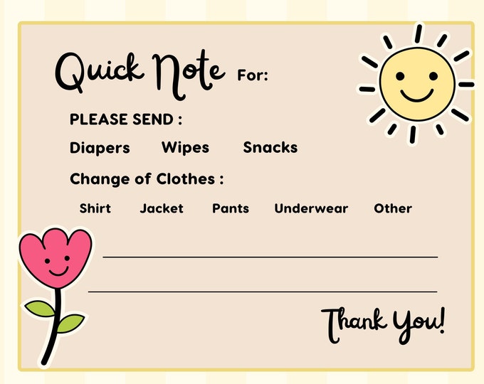 Parent Reminder Card, Daycare Parent Reminder Card, Daycare Quick Note ...