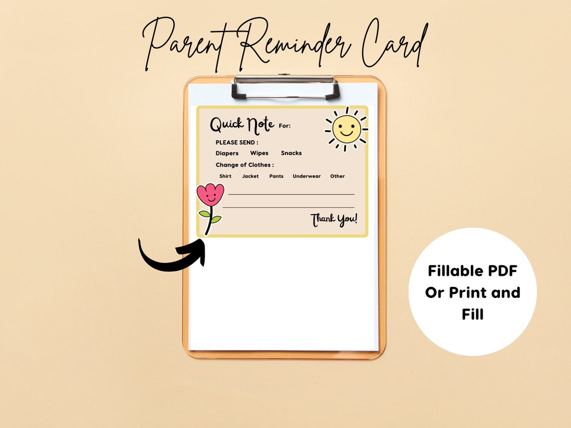 Parent Reminder Card, Daycare Parent Reminder Card, Daycare Quick Note ...