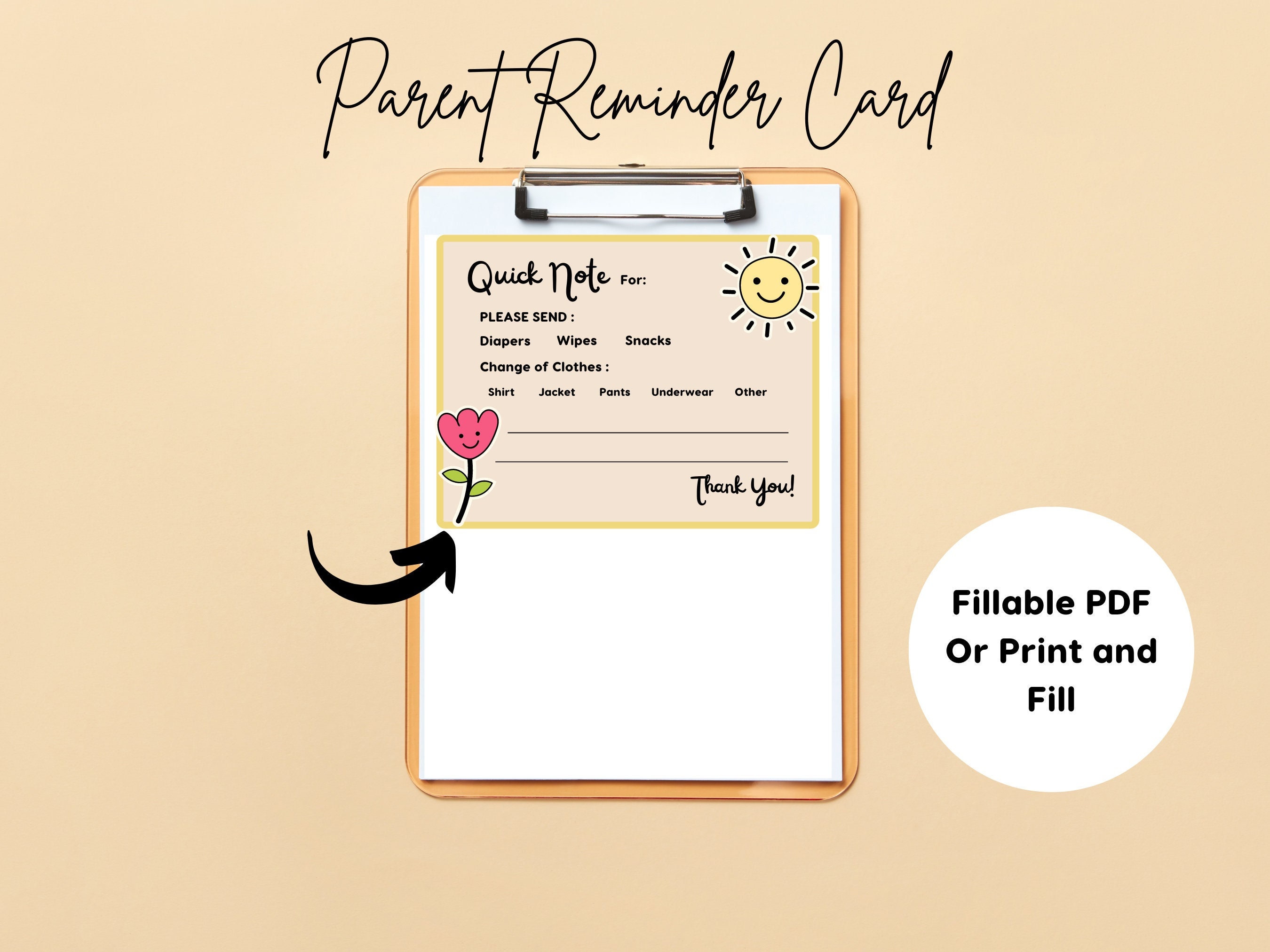 Parent Reminder Card, Daycare Parent Reminder Card, Daycare Quick Note ...