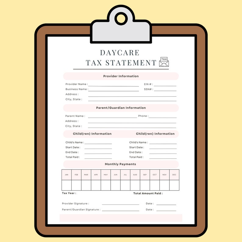 Childcare Tax Form, Daycare Tax Forms, Childcare End of Year Parent Tax ...