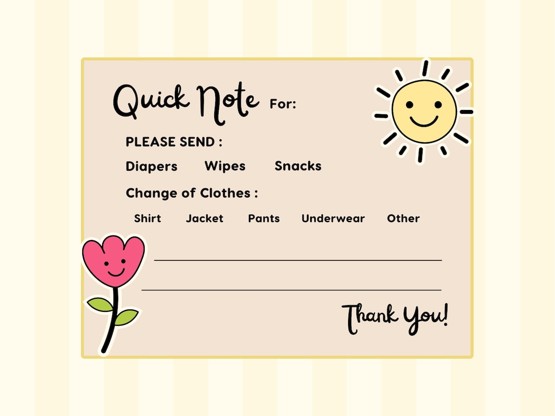 Parent Reminder Card, Daycare Parent Reminder Card, Daycare Quick Note ...