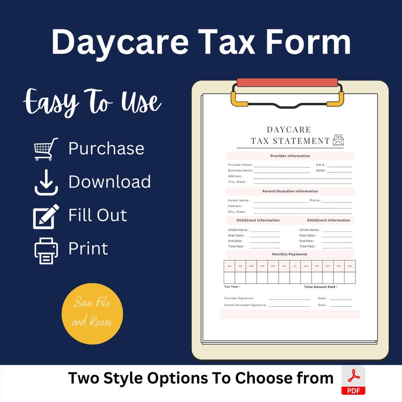 Childcare Tax Form, Daycare Tax Forms, Childcare End of Year Parent Tax ...
