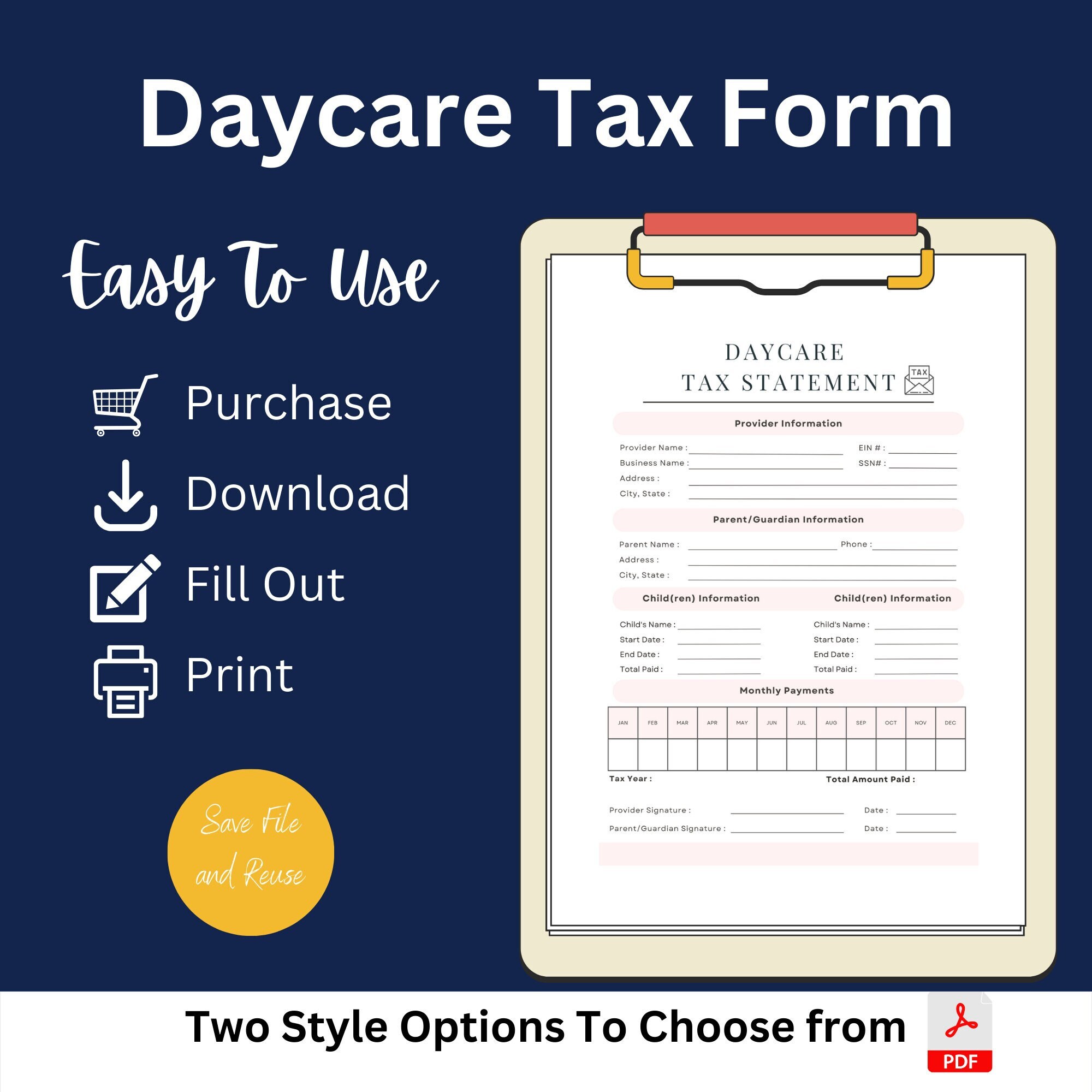 Childcare Tax Form, Daycare Tax Forms, Childcare End of Year Parent Tax ...