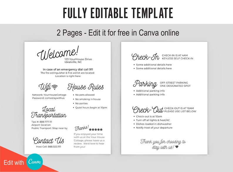 Airbnb Template Editable Airbnb Signs, Quick Welcome Guide | Fillable ...