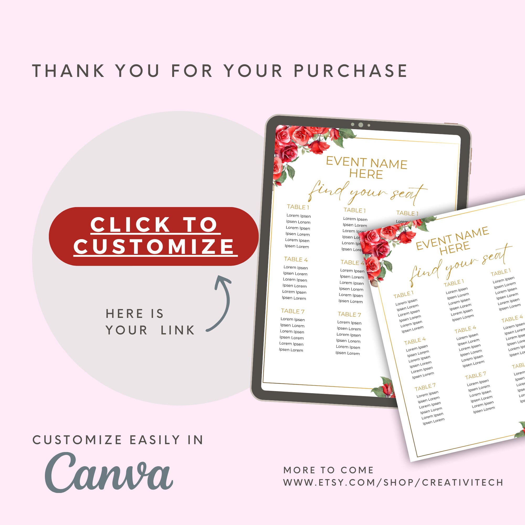 Rose Themed Seating Chart Template, Printable Welcome Seating Poster ...