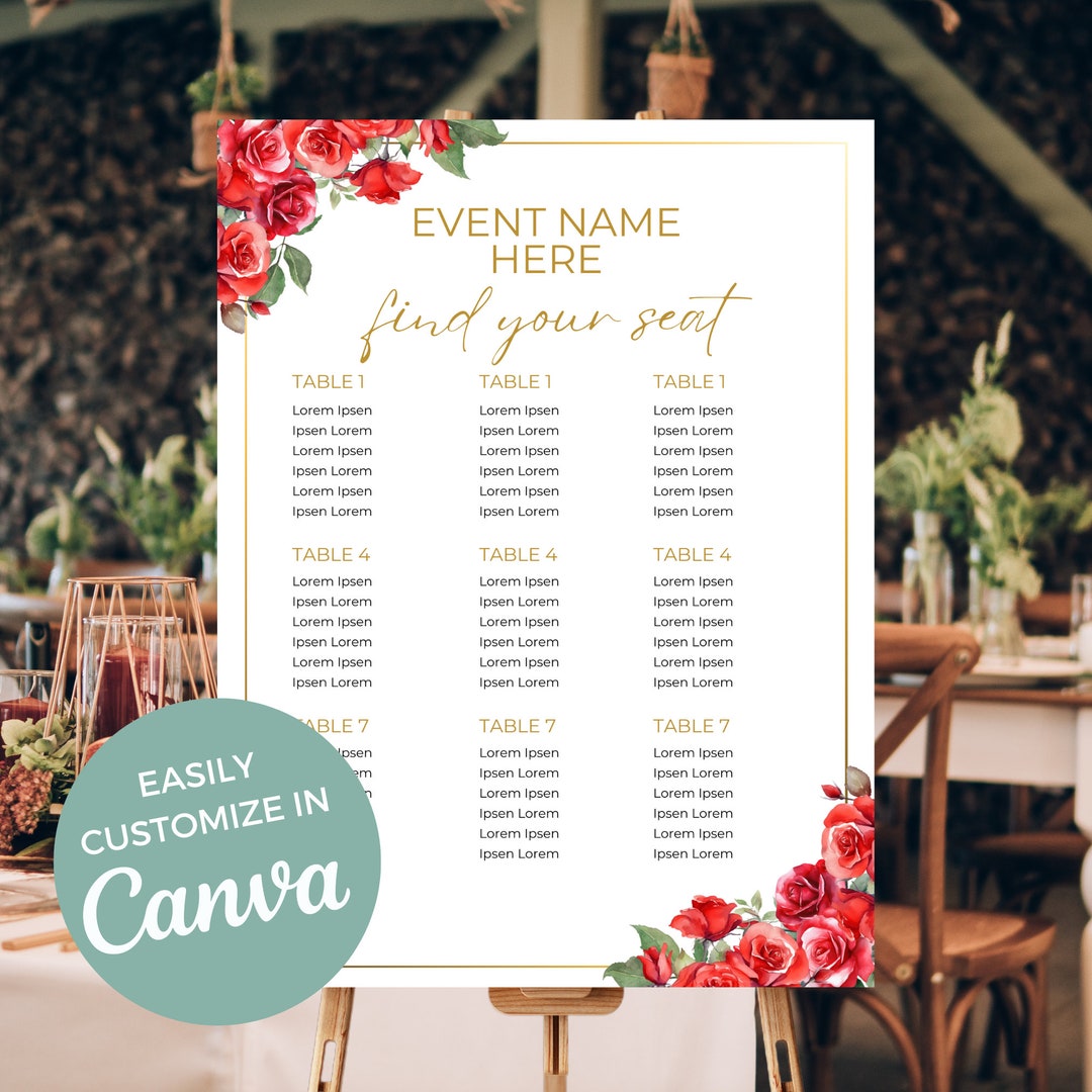 Rose Themed Seating Chart Template, Printable Welcome Seating Poster ...