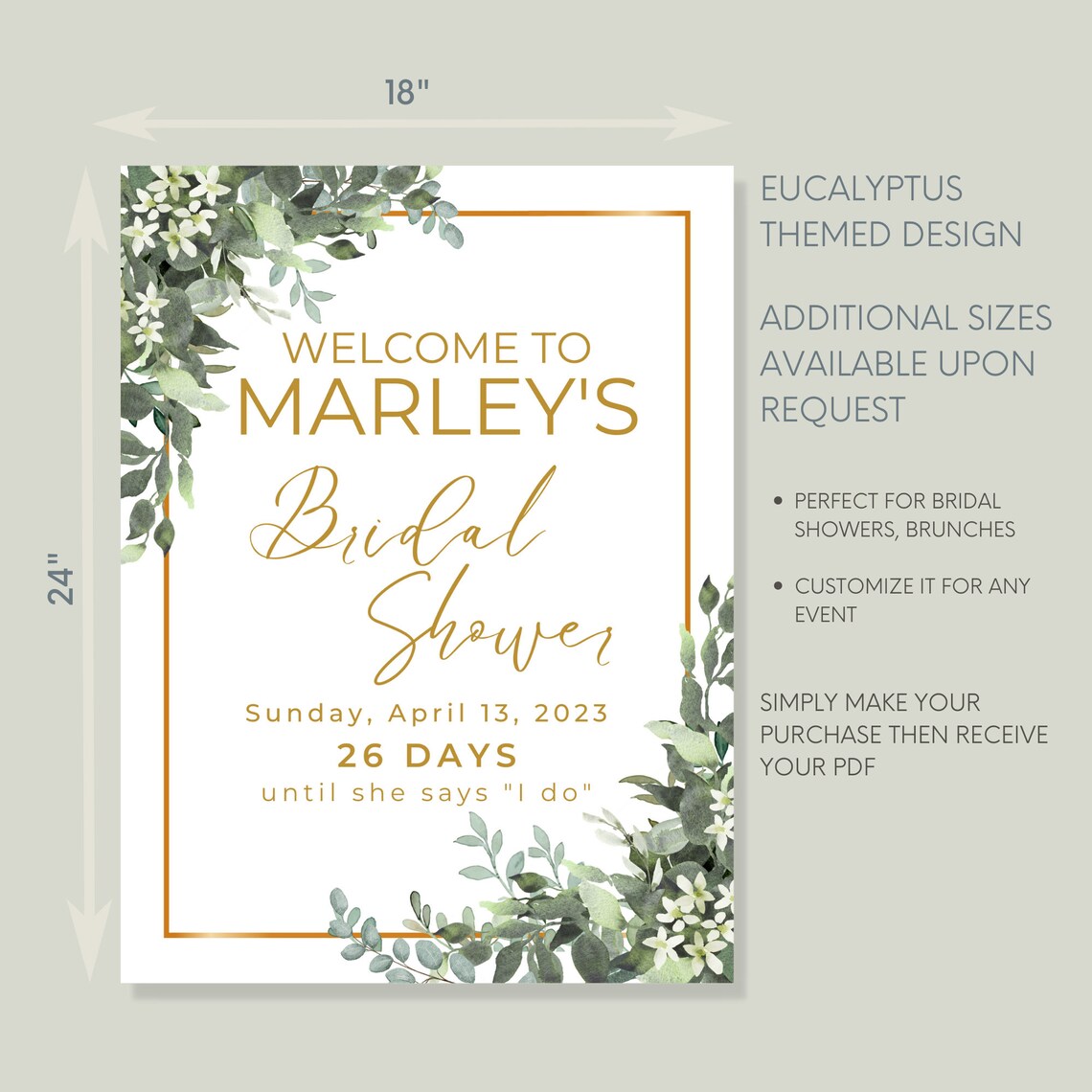 Bridal Shower Welcome Sign Template, Eucalyptus Themed, Customized ...
