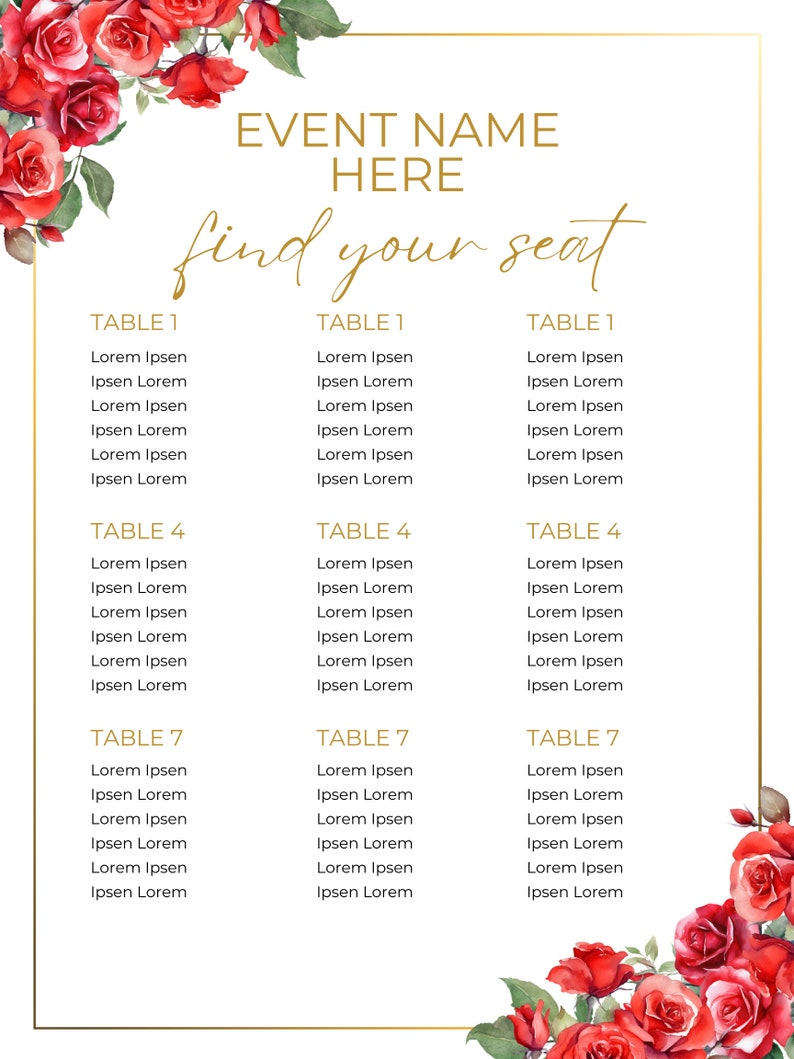 Rose Themed Seating Chart Template, Printable Welcome Seating Poster ...