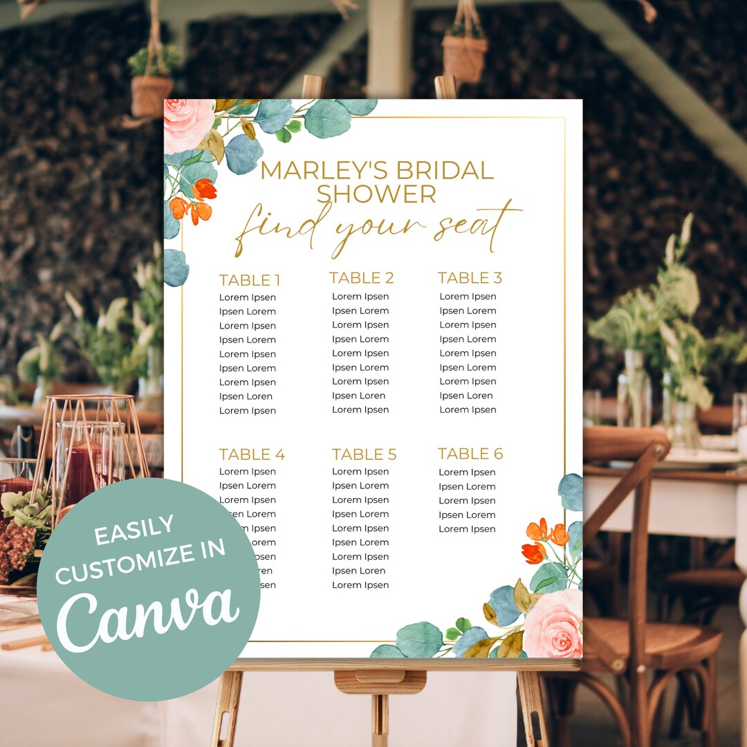 Greenery Floral Gold Seating Chart Template, Printable Welcome to ...