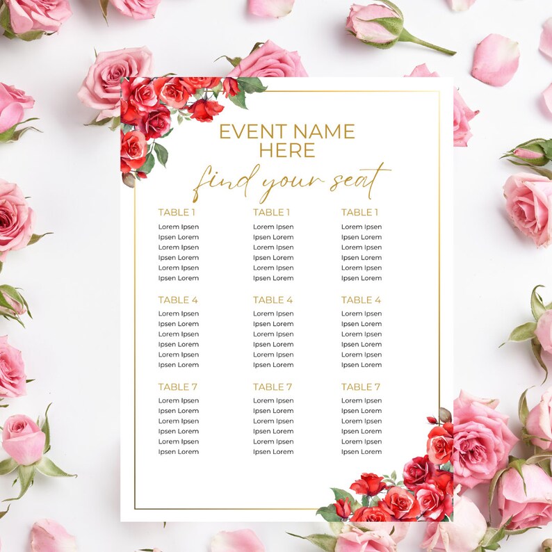 Rose Themed Seating Chart Template, Printable Welcome Seating Poster ...