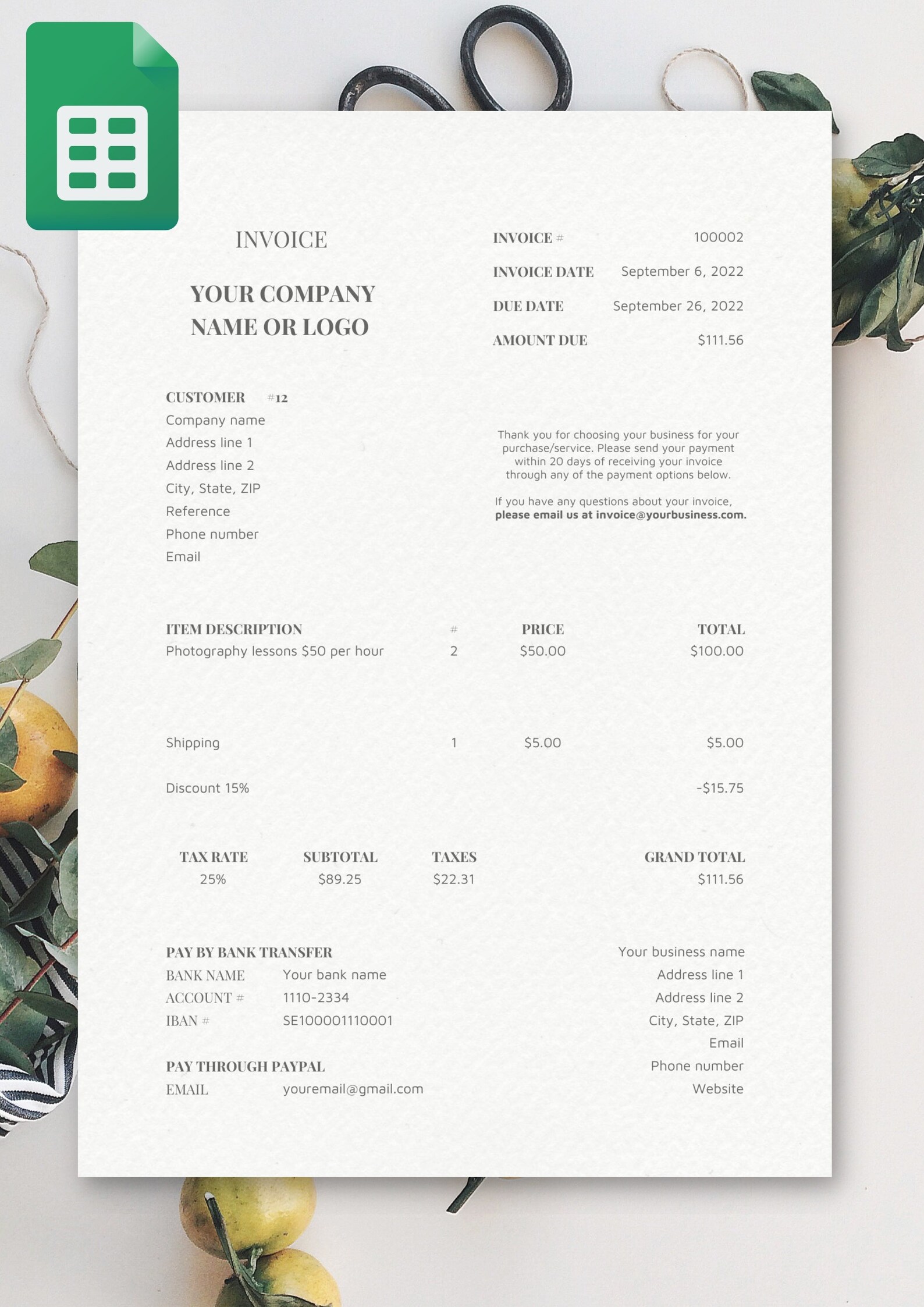 Invoice Template Google Sheets Freelance Invoice Printable - Etsy