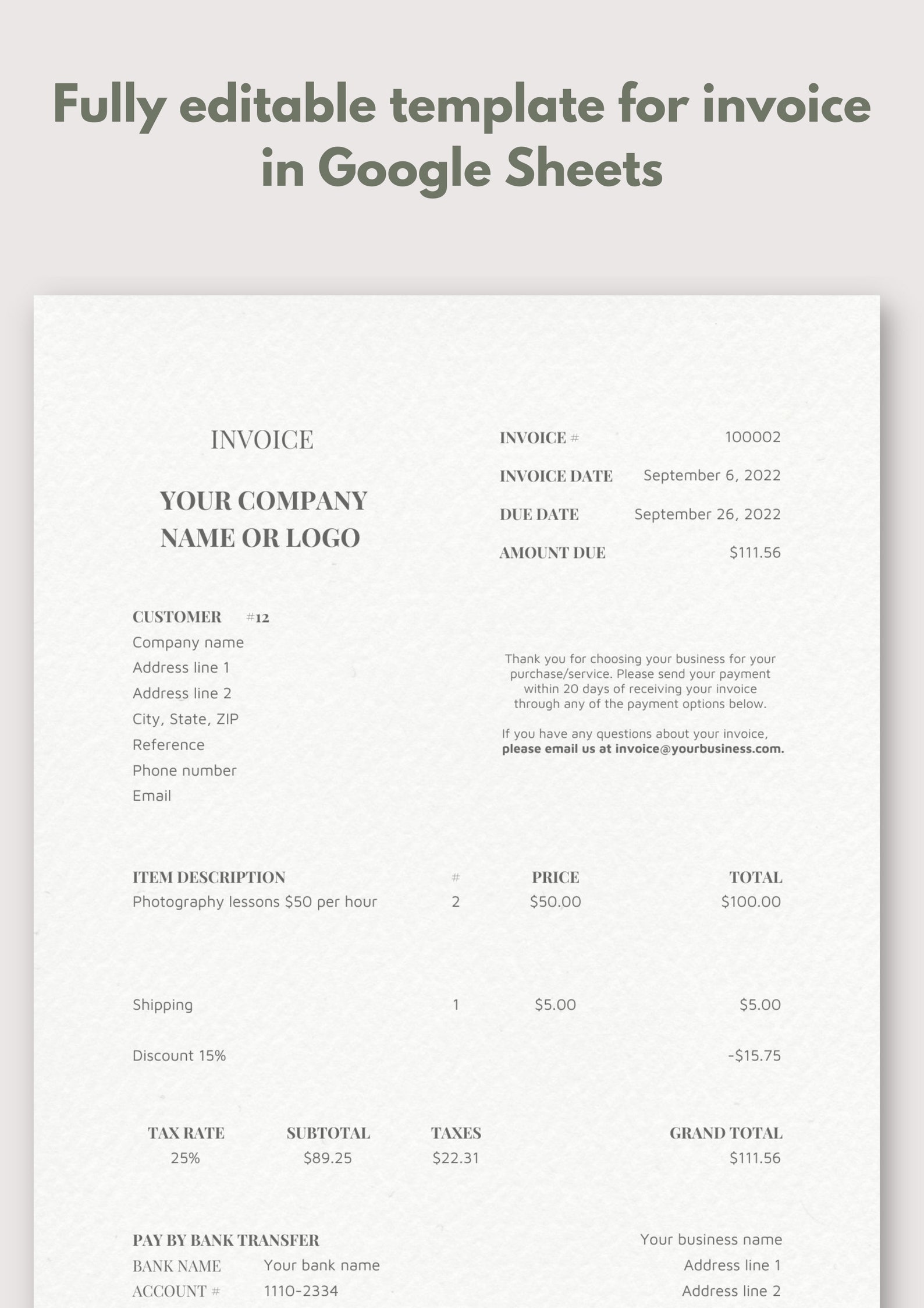 Invoice Template Google Sheets Freelance Invoice Printable - Etsy