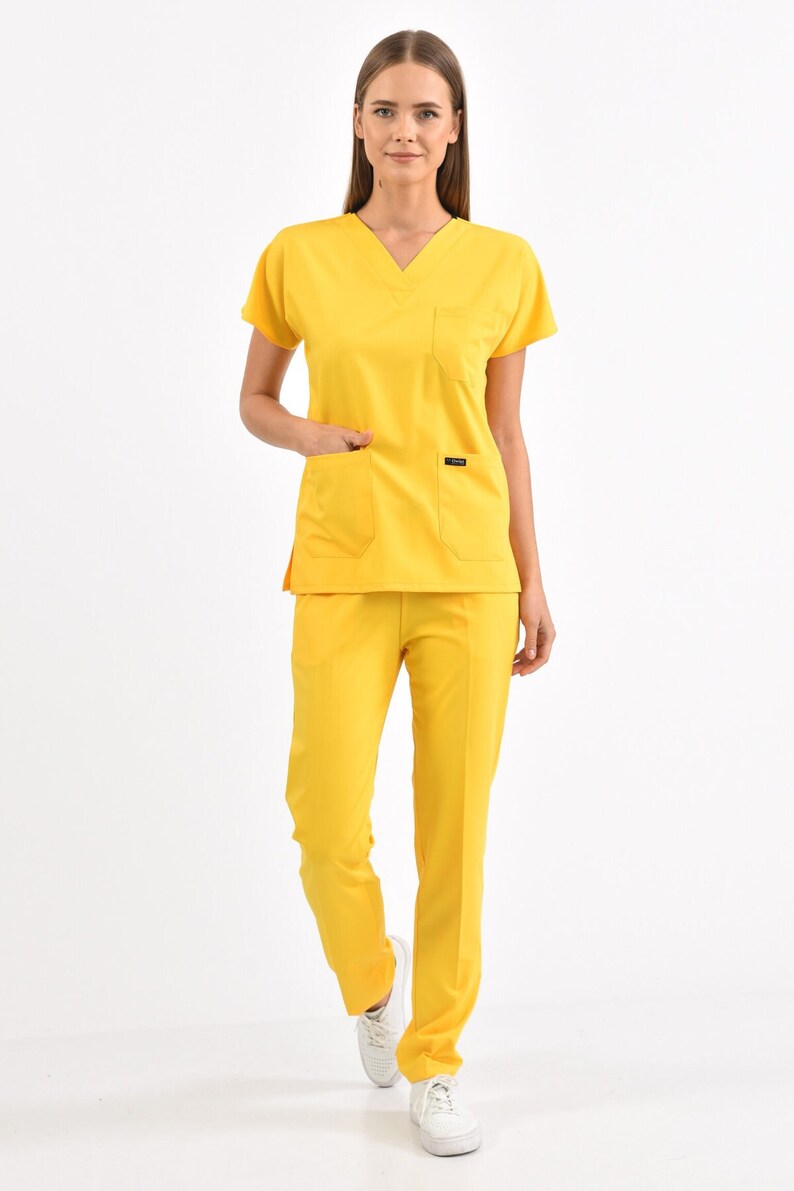 Customizable Yellow Lycra Breathable Scrubs Set, Medical Scrubs, Nurse ...