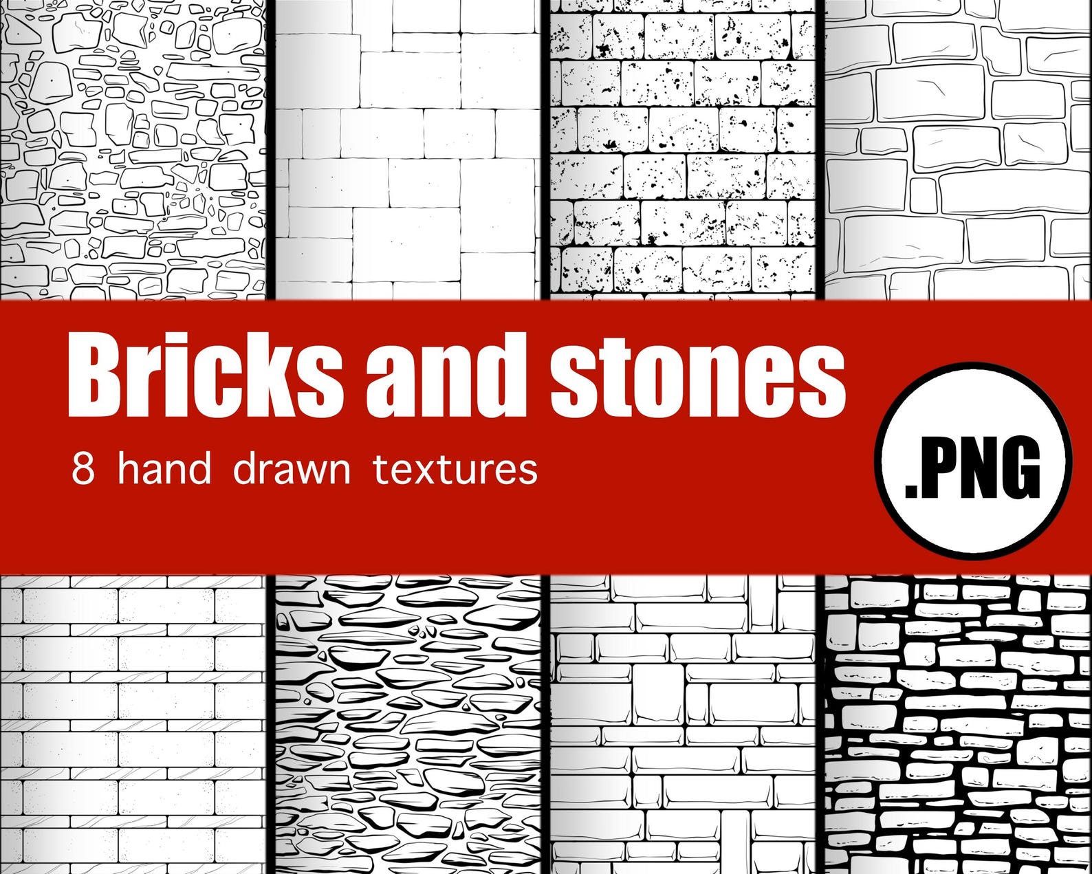 Bricks and Stones Hand Drawn Textures Pack of 8 Png Transparent ...