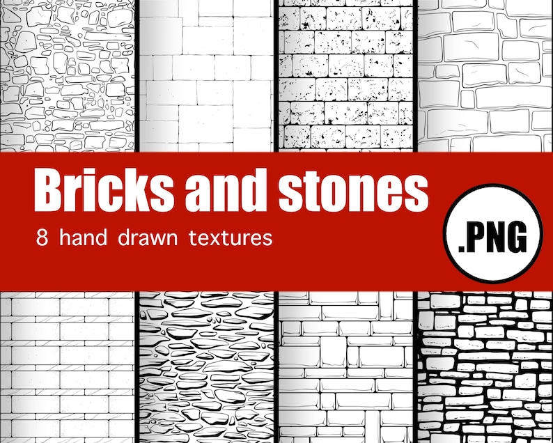 Bricks and Stones Hand Drawn Textures Pack of 8 Png Transparent ...
