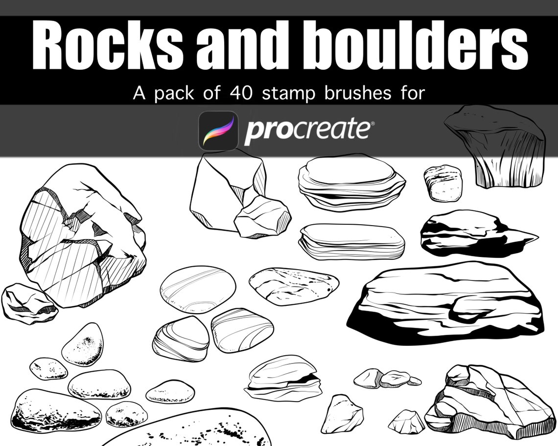 Rocks and Boulders Hand Drawn Stamp Brushes Procreate Lineart Pack of ...