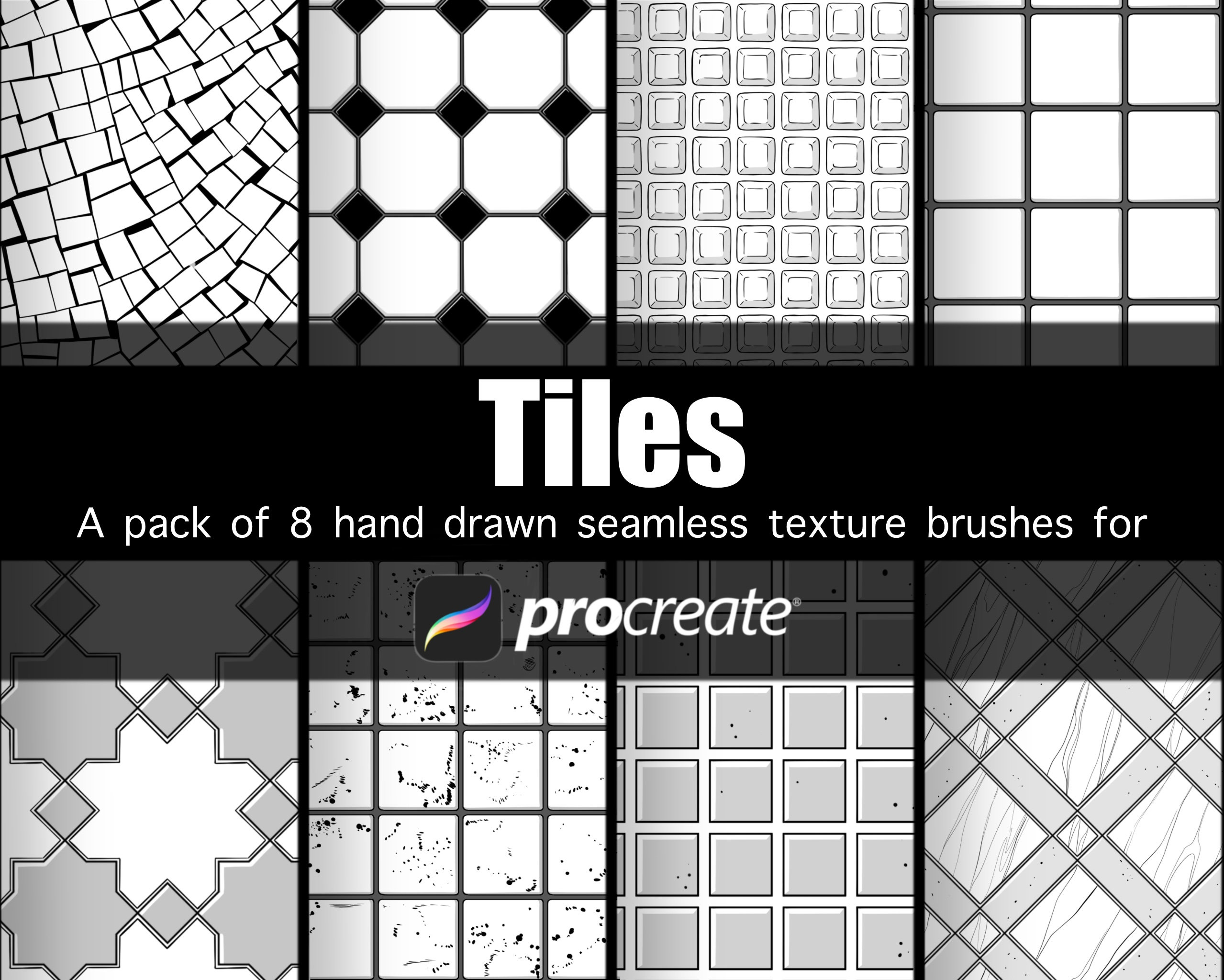 Hand Drawn Seamless Tiles Texture Brushes for Procreate Black and White ...