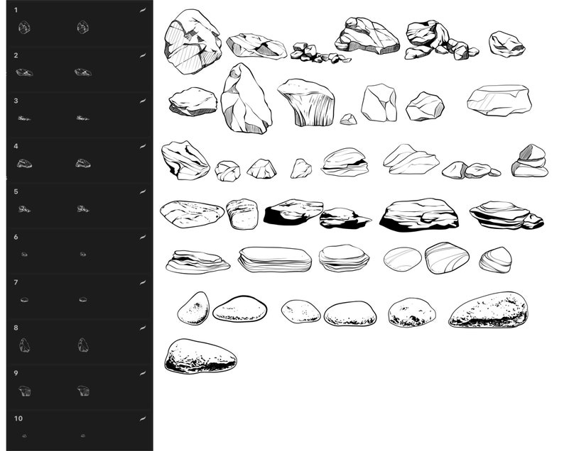 Rocks and Boulders Hand Drawn Stamp Brushes Procreate Lineart Pack of ...