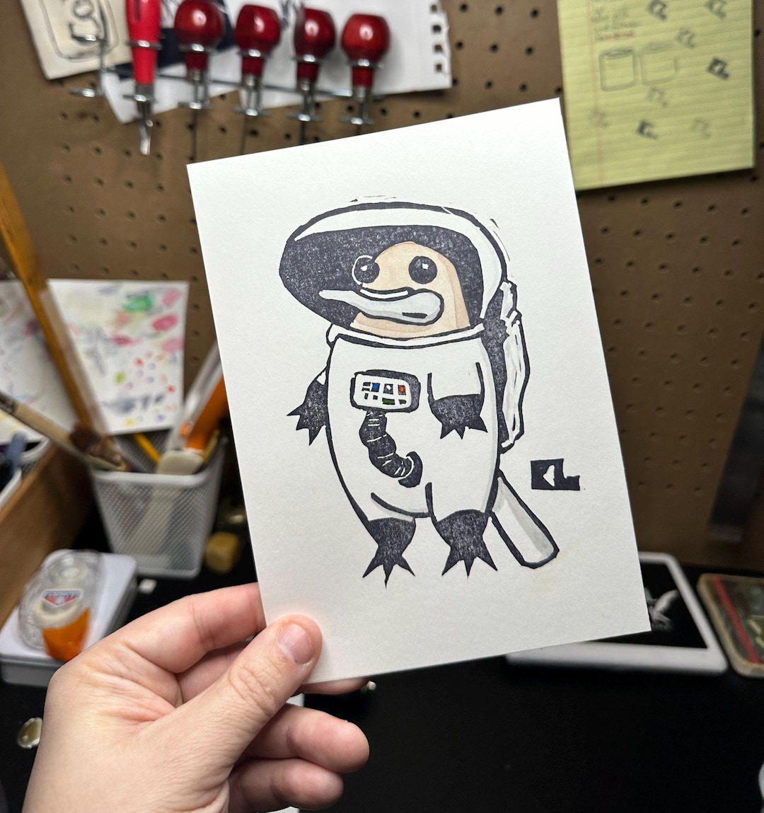 Platypus Linocut Print | Handmade Platypus Astronaut Stamp Art Print ...