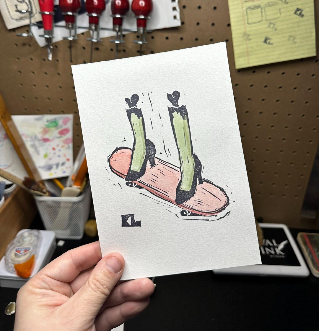 Zombie Skater Linocut Print | Handmade Punk Halloween Stamp Art | Sk8r ...