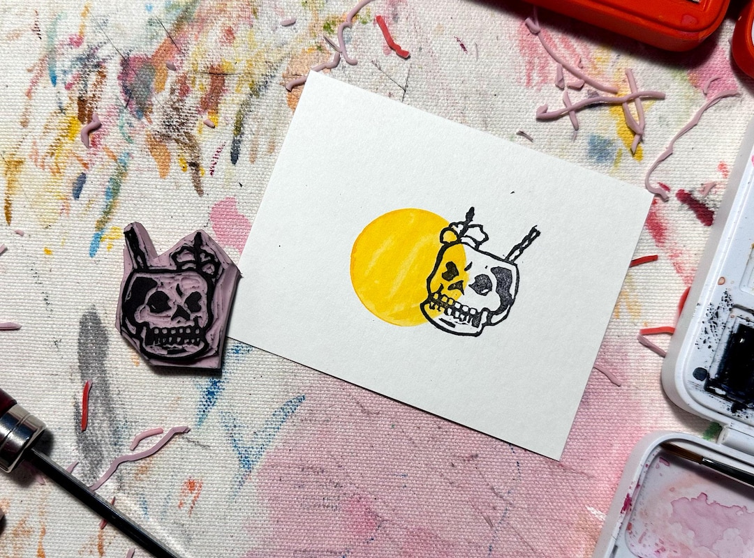 Skull Tiki Glass Small Linocut Print | Spooky Tropical Beverage Mini ...