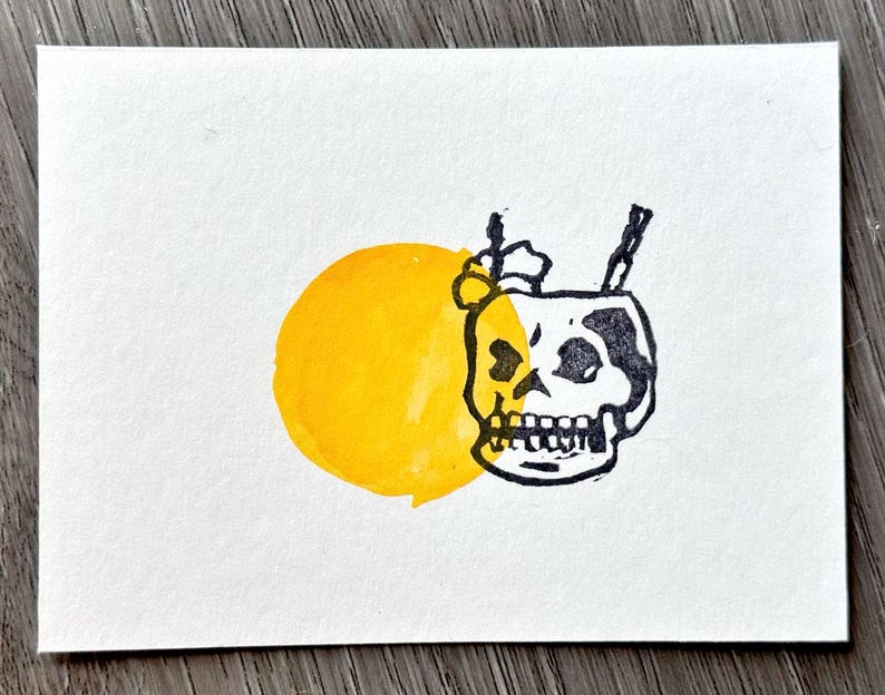 Skull Tiki Glass Small Linocut Print Spooky Tropical Beverage Mini ...