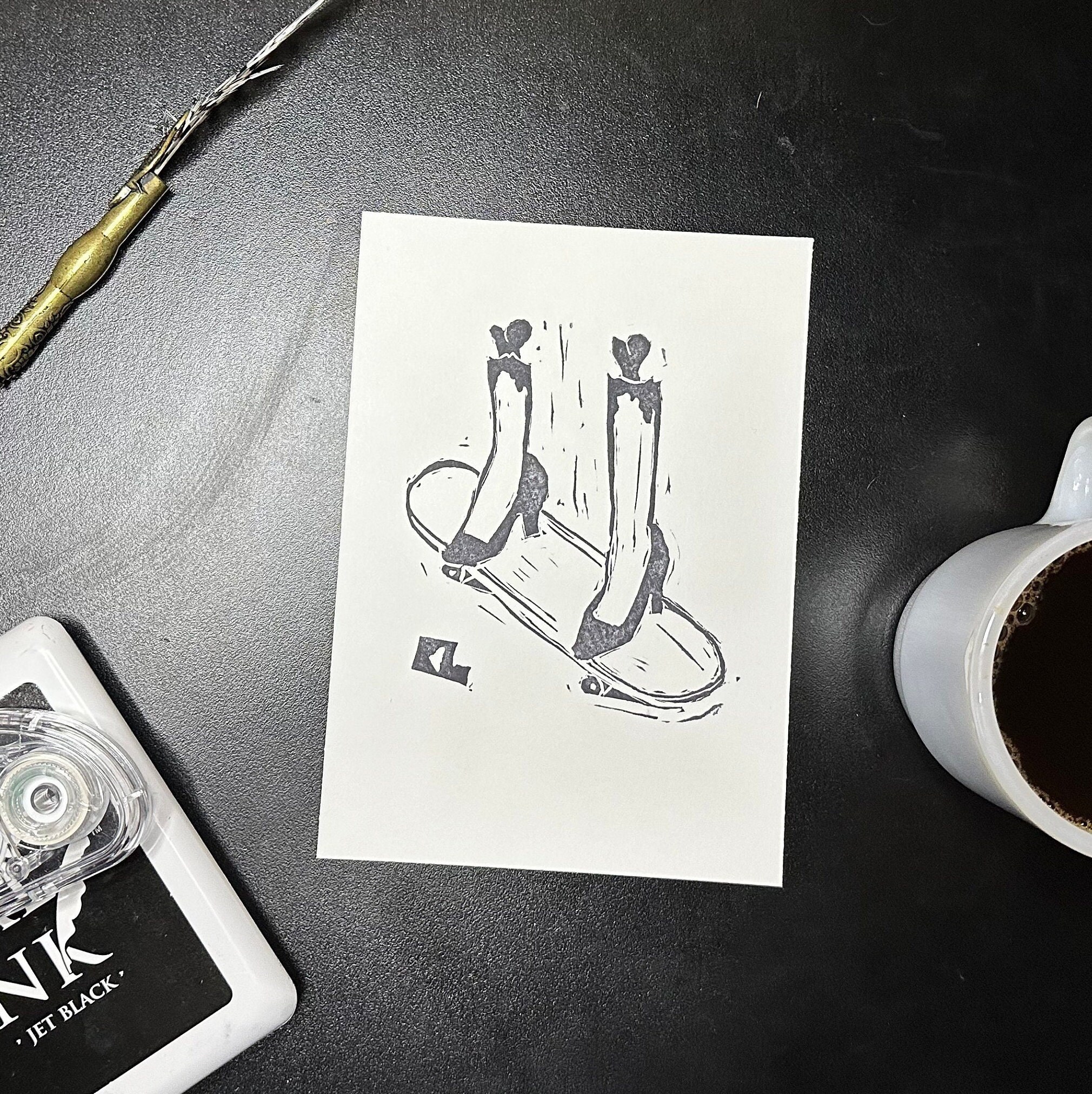 Zombie Skater Linocut Print | Handmade Punk Halloween Stamp Art | Sk8r ...