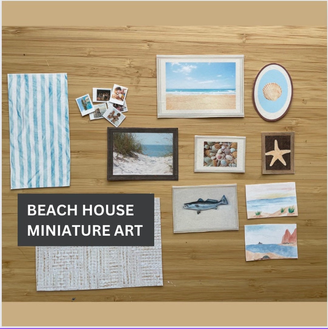 Beach House Dollhouse Miniature Tiny Wall Art, Rug, and Towels. Modern ...