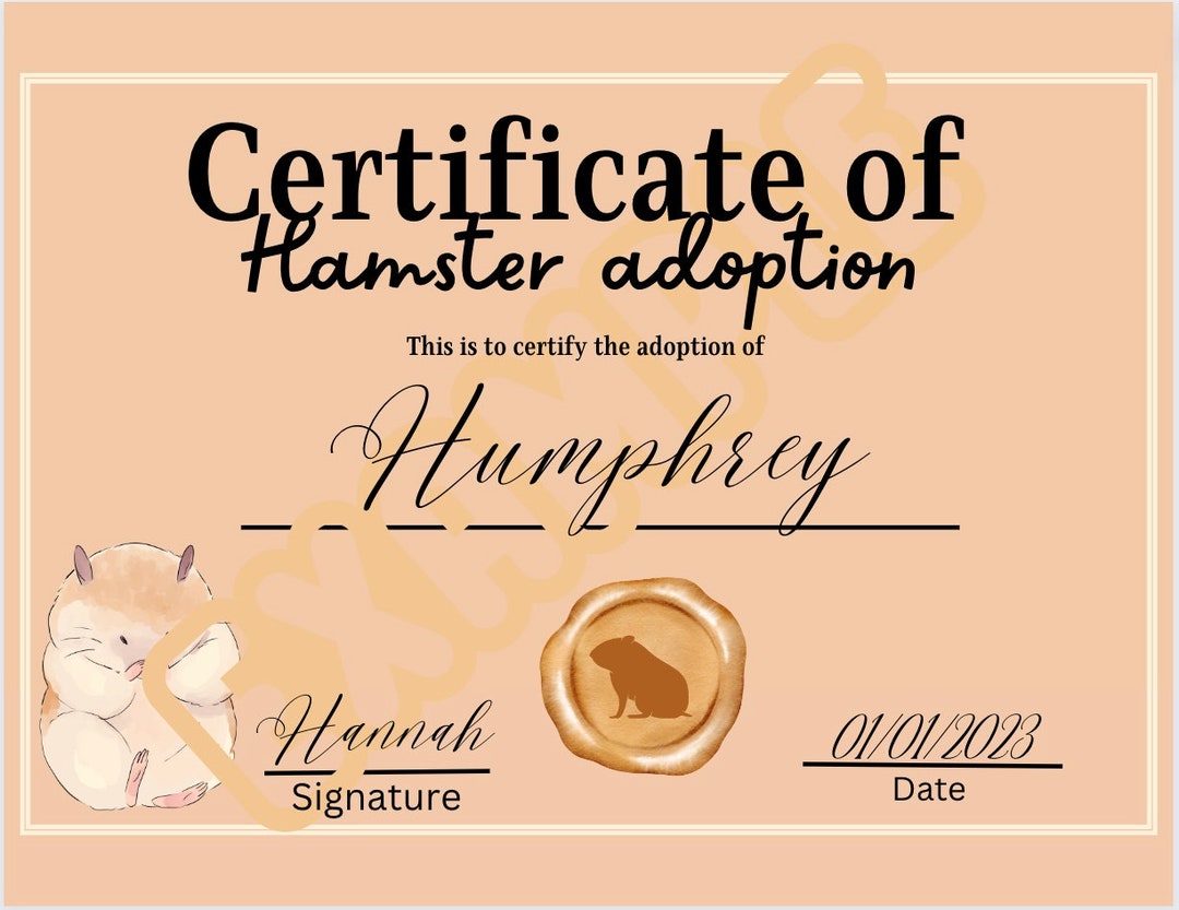 Certificate of Hamster Adoption PDF Printable Download - Etsy