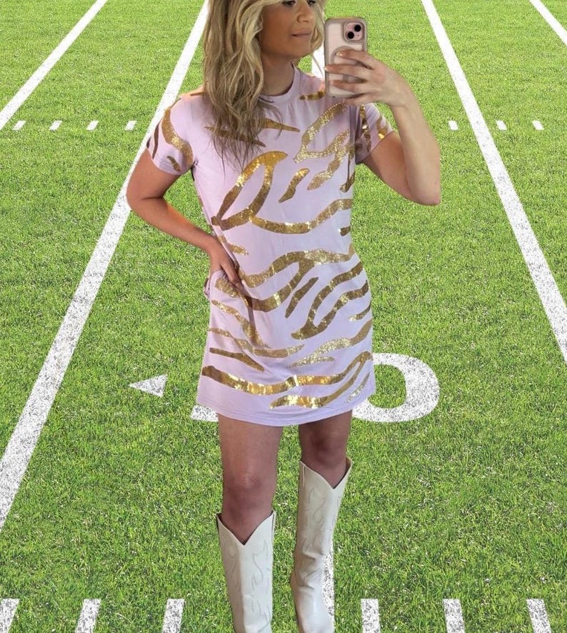 Purple and Gold Tigers Sequin Tiger Striped Dress With Short Sleeves and Pockets, Louisiana ...
