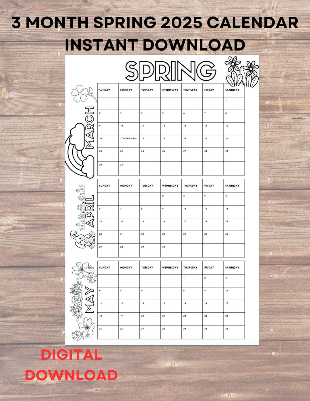 3 Month Spring Calendar Digital Download March April May Large Black ...
