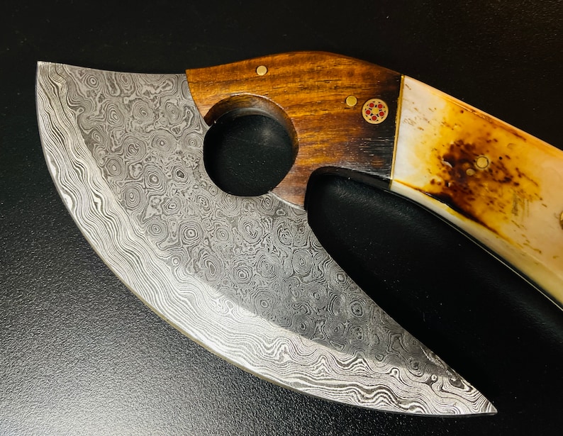 Handmade Damascus ULU Alaska Natural Caribou Antler ULU Knife Full Tang ...