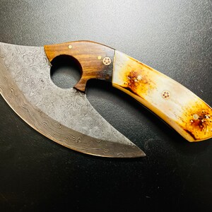 Handmade Damascus ULU Alaska Natural Caribou Antler ULU Knife Full Tang ...