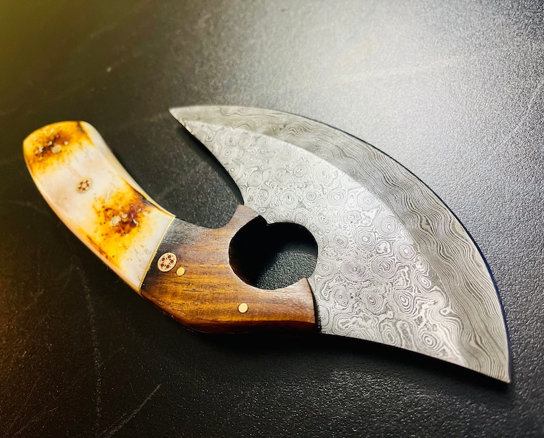 Handmade Damascus ULU Alaska Natural Caribou Antler ULU Knife Full Tang ...